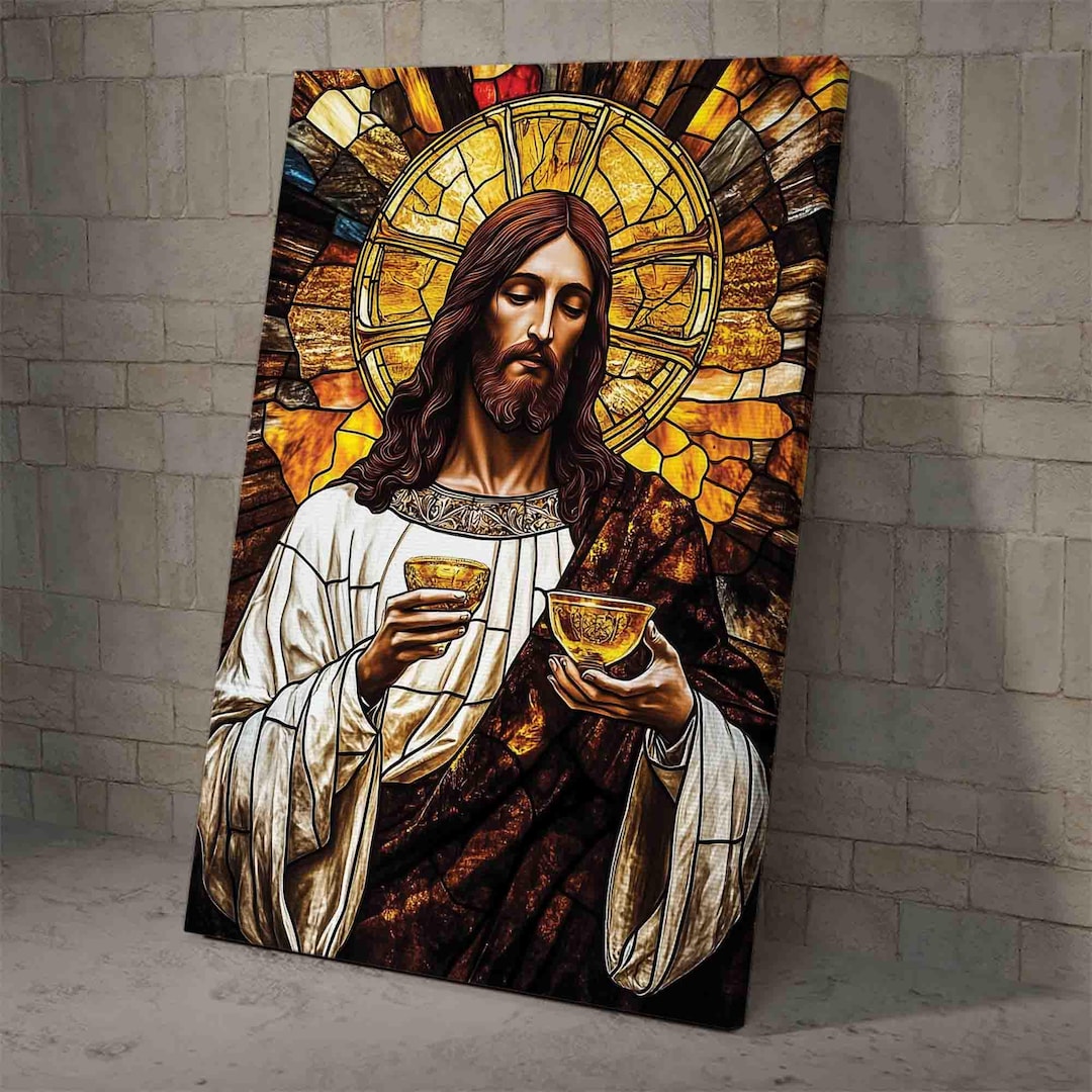 Jesus Holding the Chalice in Stained Glass Art Style Wall Art Painting ...