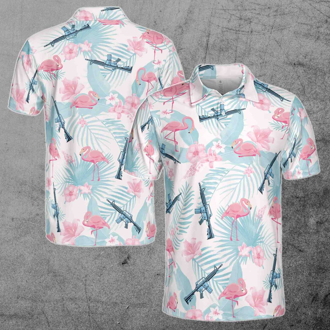 Funny Pink Flamingo Gun Tropical Jungle Flower Men's Polo Shirt S-5XL ...