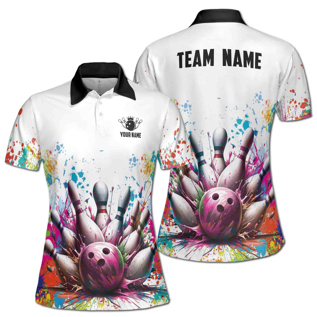 Personalized Colorful Spatter Bowling Strike Bowling Women's Polo Shirt ...