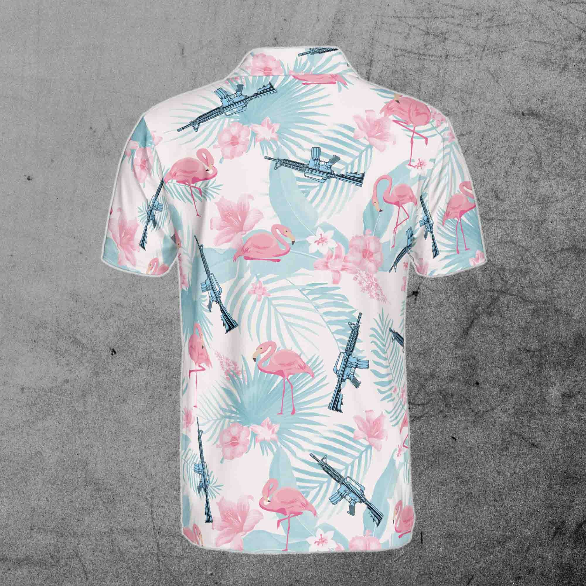 Funny Pink Flamingo Gun Tropical Jungle Flower Men's Polo Shirt S-5XL ...