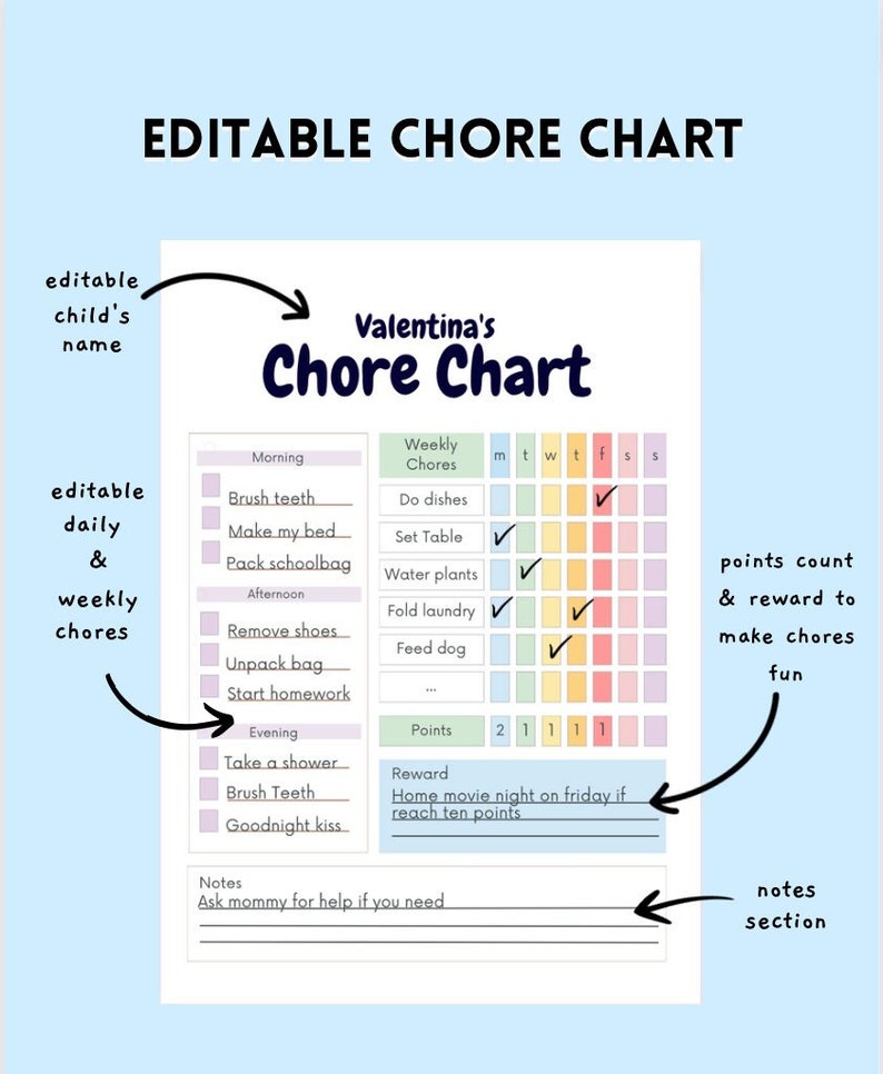 Editable Chore Chart for Kids Printable Kids Daily Routine Checklist ...