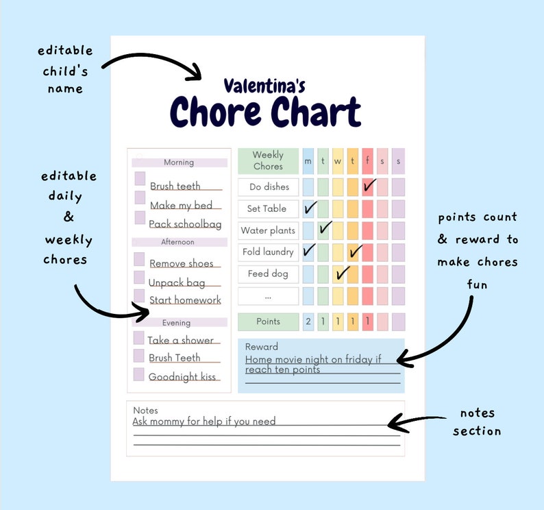 Editable Chore Chart for Kids Printable Kids Daily Routine Checklist ...