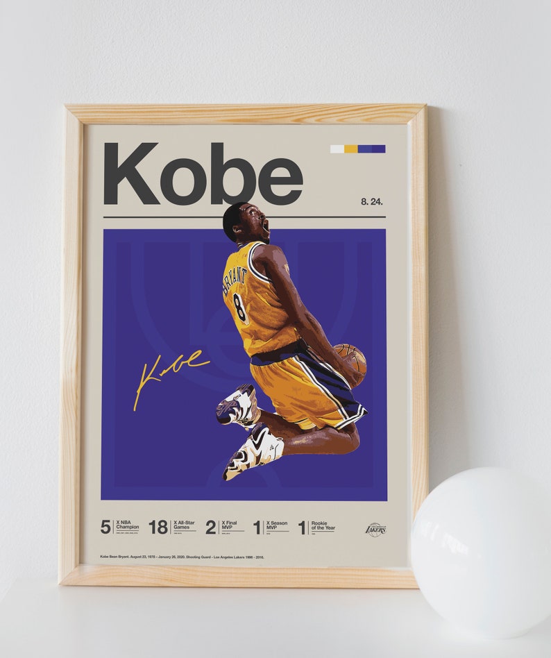 Kobe Bryant LA Lakers Poster, Black Mumba Wall Art Print A3 Minimalist ...