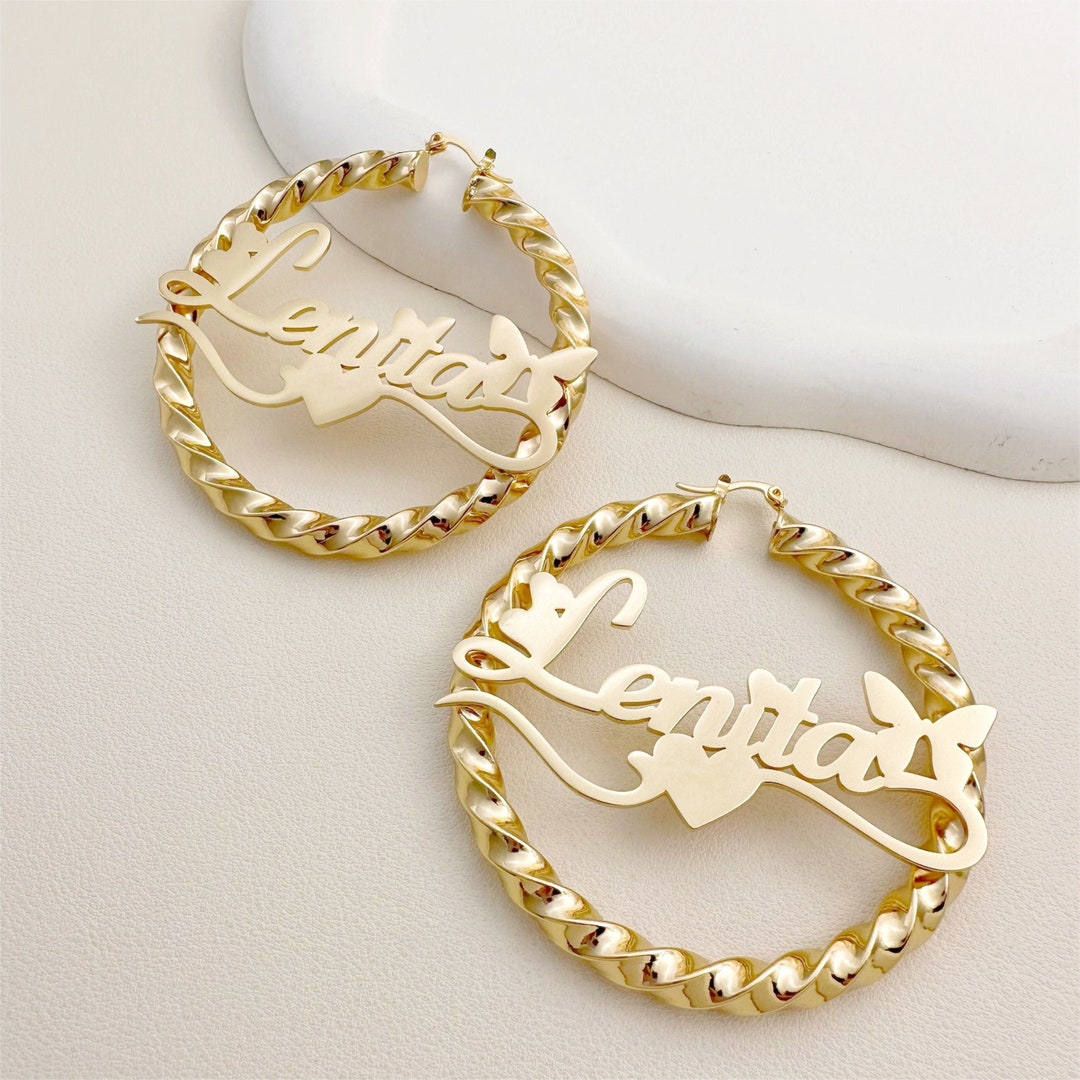 New Custom Nameplate Hoops, Name Twist Hoop Earrings, Larger Hoop ...
