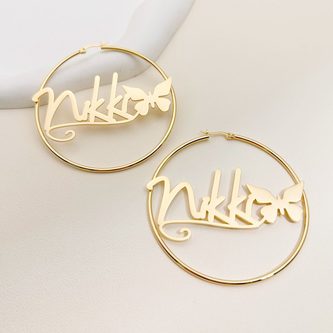Custom Name Hoops, Nameplate Earrings Gold, Minimalist Name Earrings ...