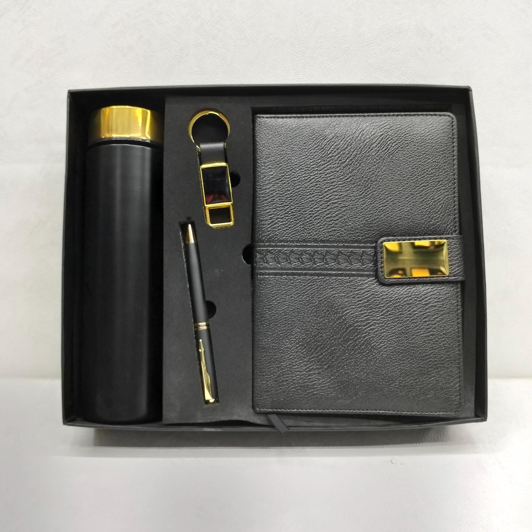 Personalized Leather Journal Set: Diary, Pen, Keychain & Water Bottle ...