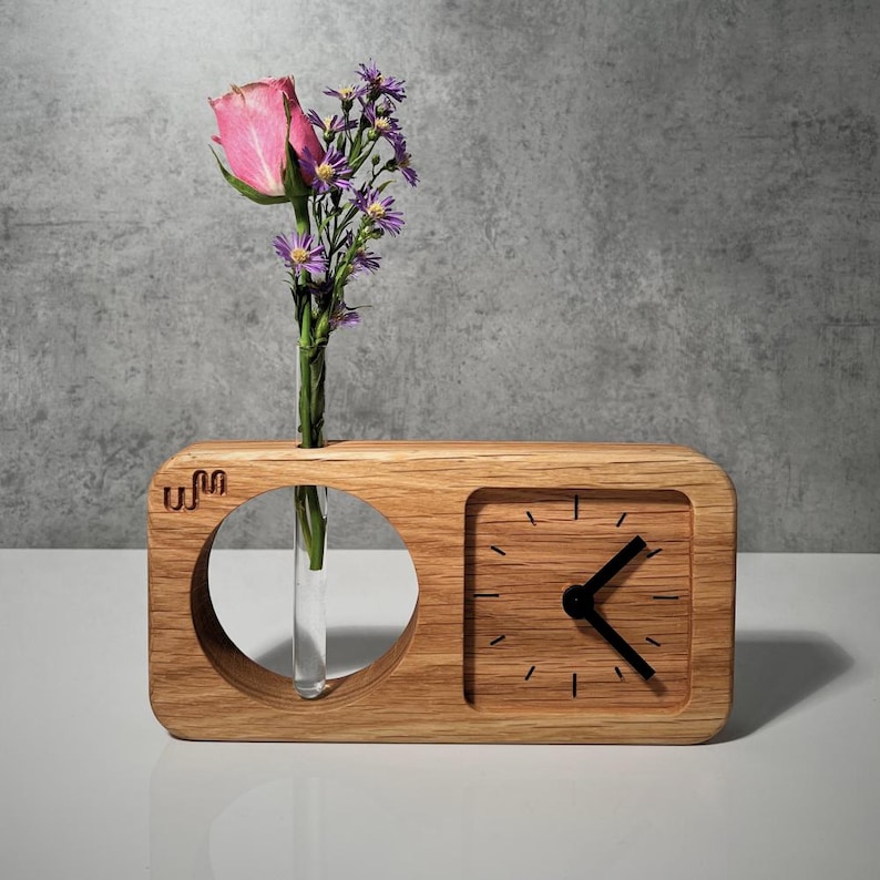 Oak Wood Table Clock With Flower Vase | Mid-century Modern Decor - Etsy