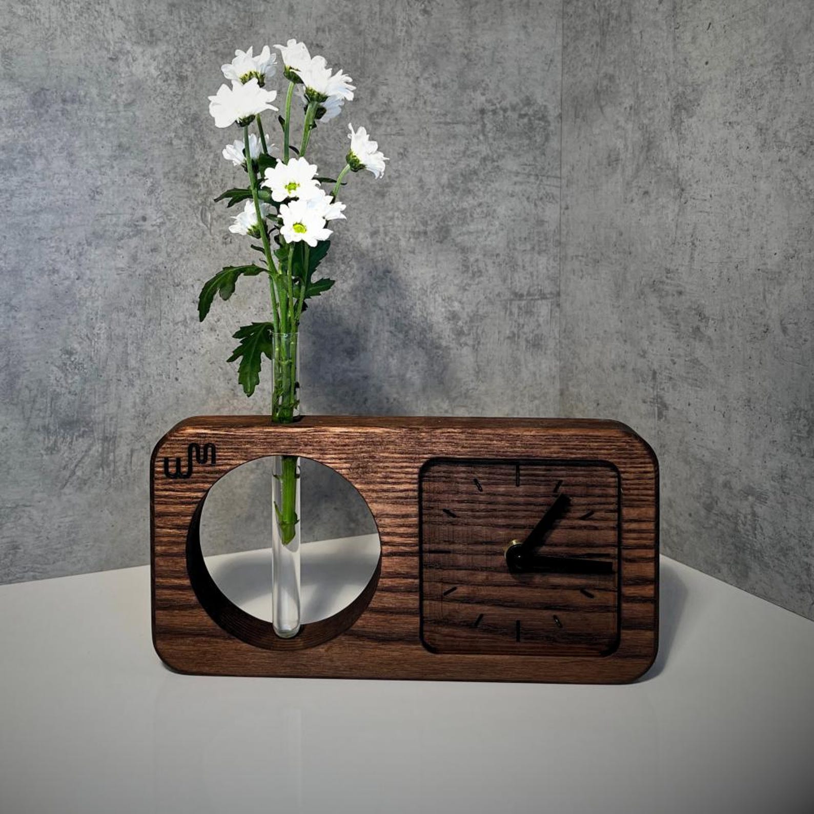Oak Wood Table Clock With Flower Vase | Mid-century Modern Decor - Etsy