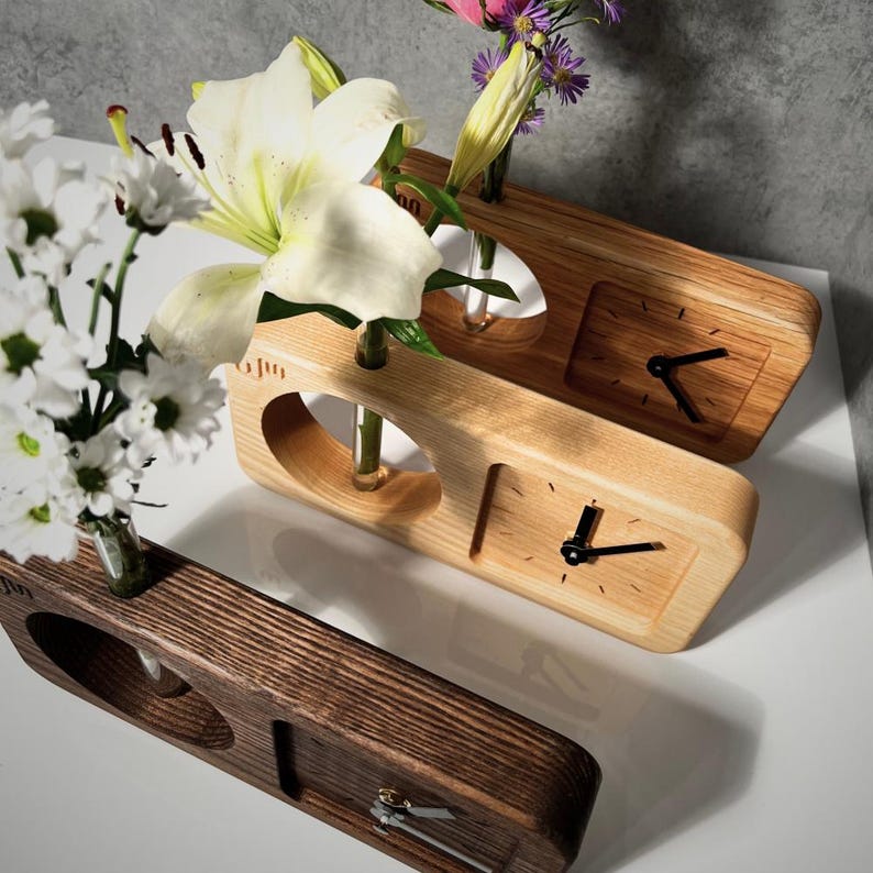 Oak Wood Table Clock With Flower Vase | Mid-century Modern Decor - Etsy