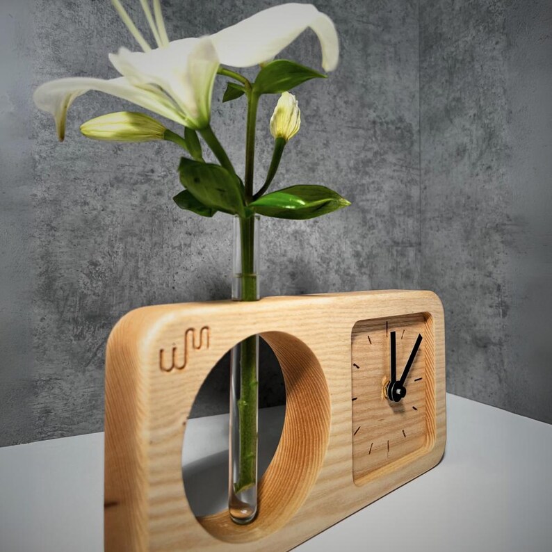 Oak Wood Table Clock With Flower Vase | Mid-century Modern Decor - Etsy