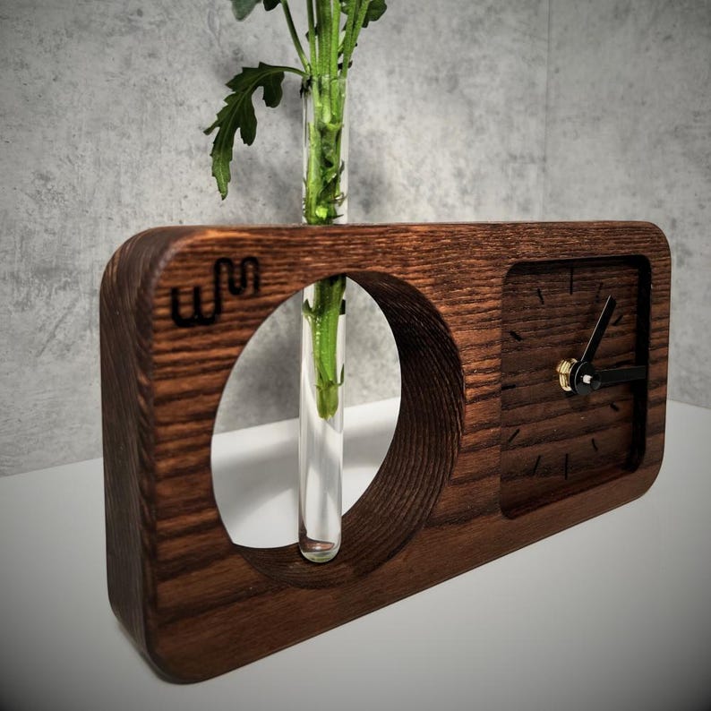 Oak Wood Table Clock With Flower Vase | Mid-century Modern Decor - Etsy