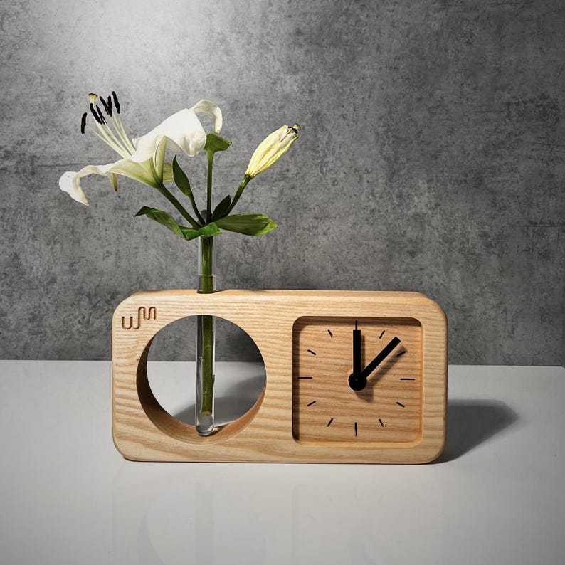 Unique Wooden Table Clock With Flower Vase Ampoules Quirky Retro Home ...
