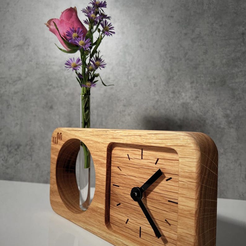 Oak Wood Table Clock With Flower Vase | Mid-century Modern Decor - Etsy