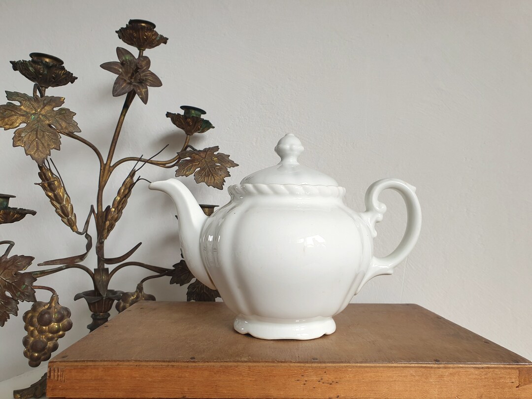 Antique Teapot, Old Ceramic Pot, French Vintage, White, Ironstone ...