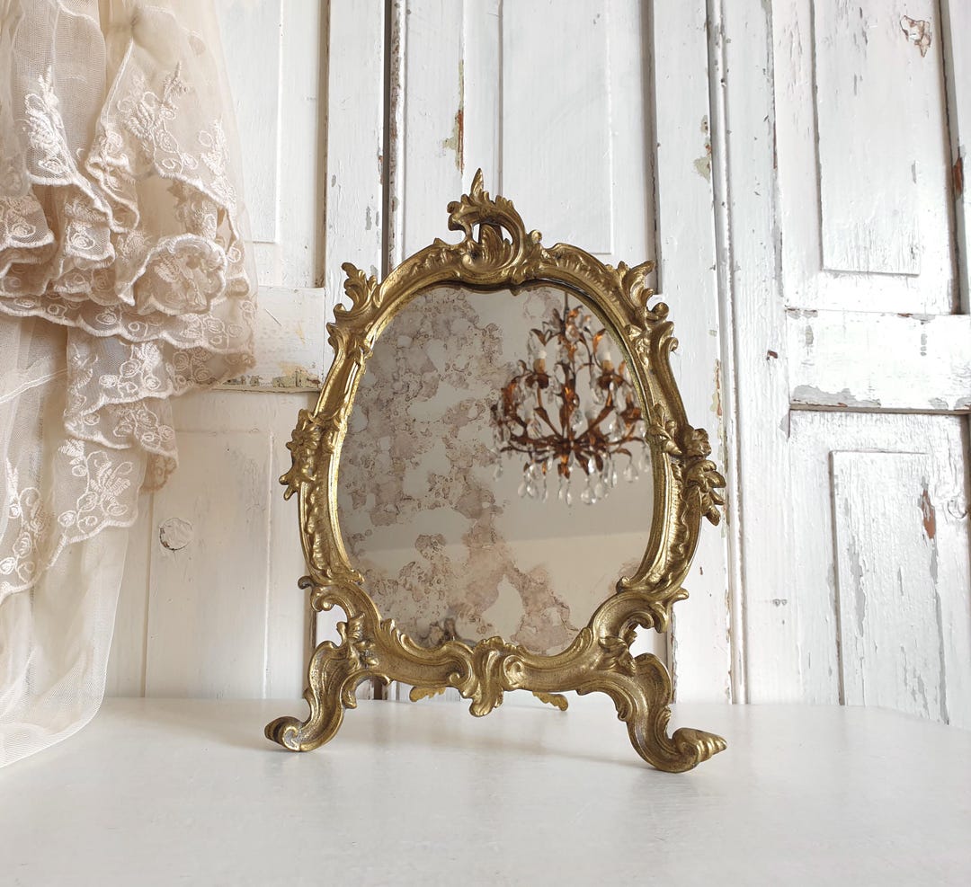 Antique Makeup Mirror, Old Standing Mirror, Table Mirror, Brass ...
