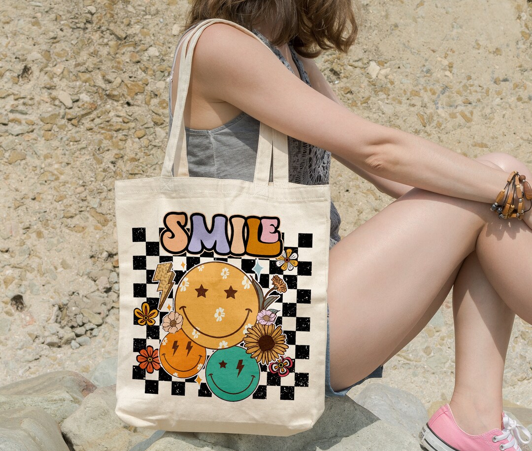 Retro Checkered Smile Face Tote Bag Png,hippie Smile Tote Bag,leopard ...