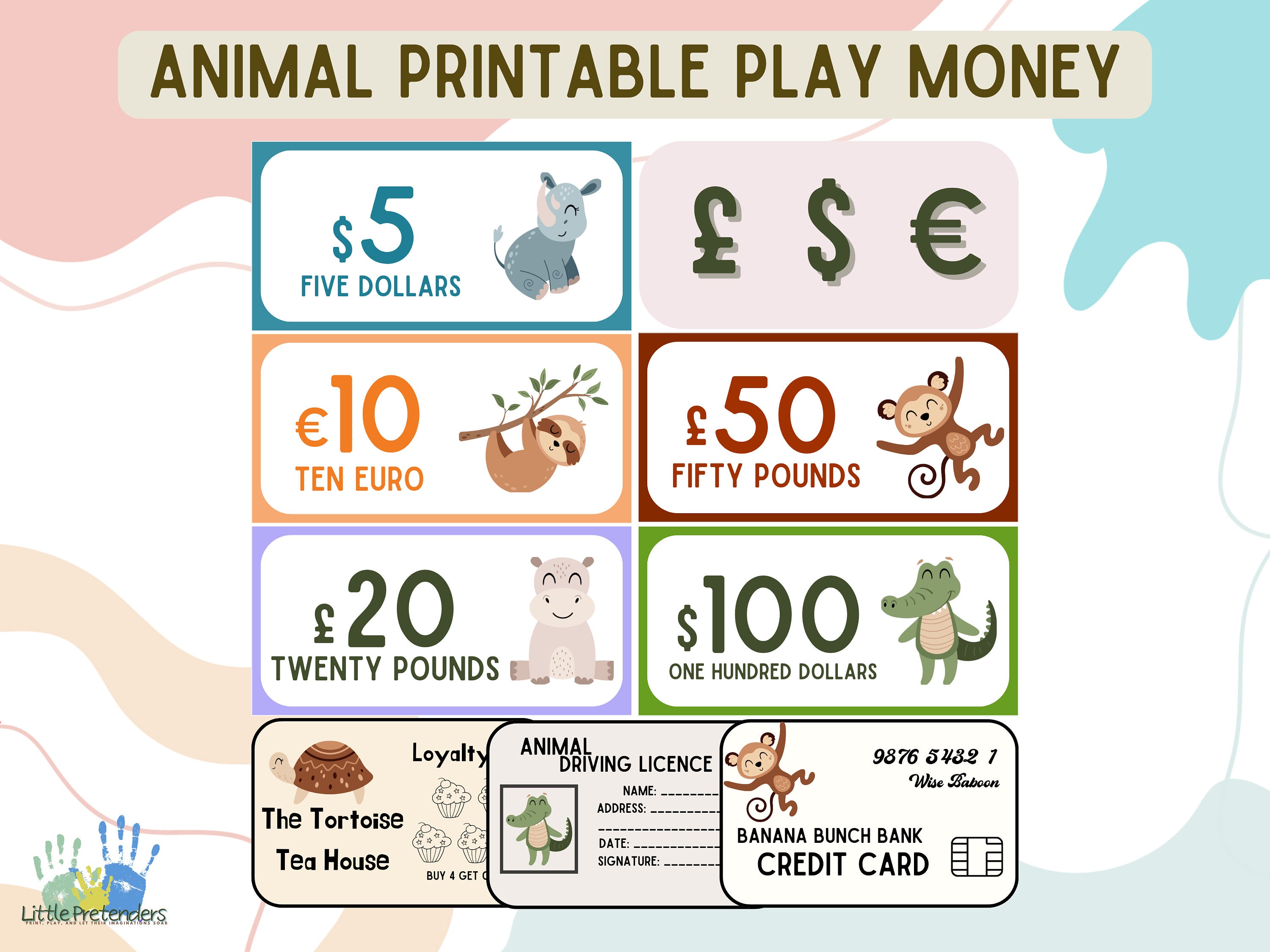 Printable Play Money Animal Currency Dollars Pounds Euros - Etsy