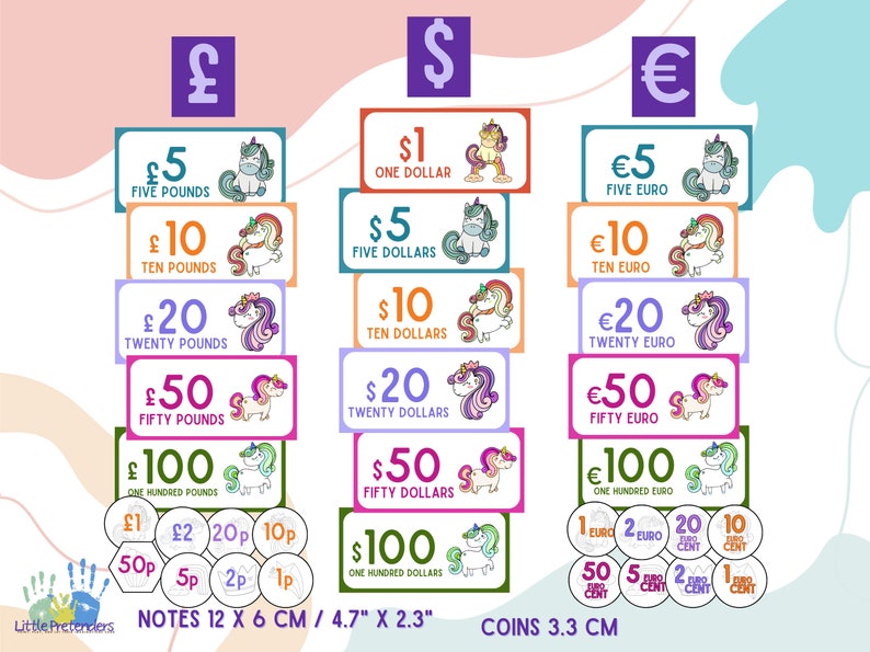 Printable Play Money Currency UNICORN Edition - Dollars, Pounds, Euros ...