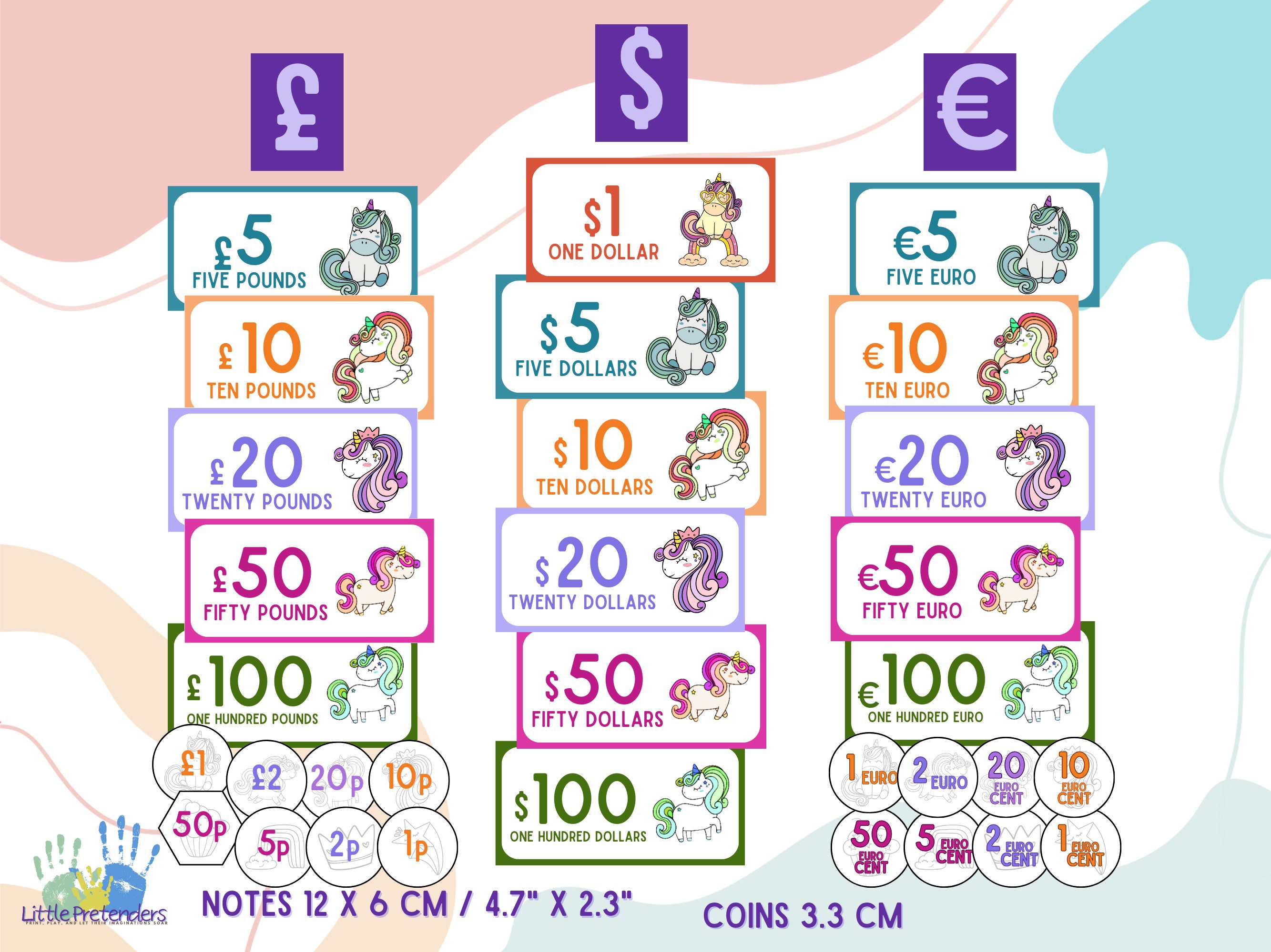 Printable Play Money Currency UNICORN Edition - Dollars, Pounds, Euros ...