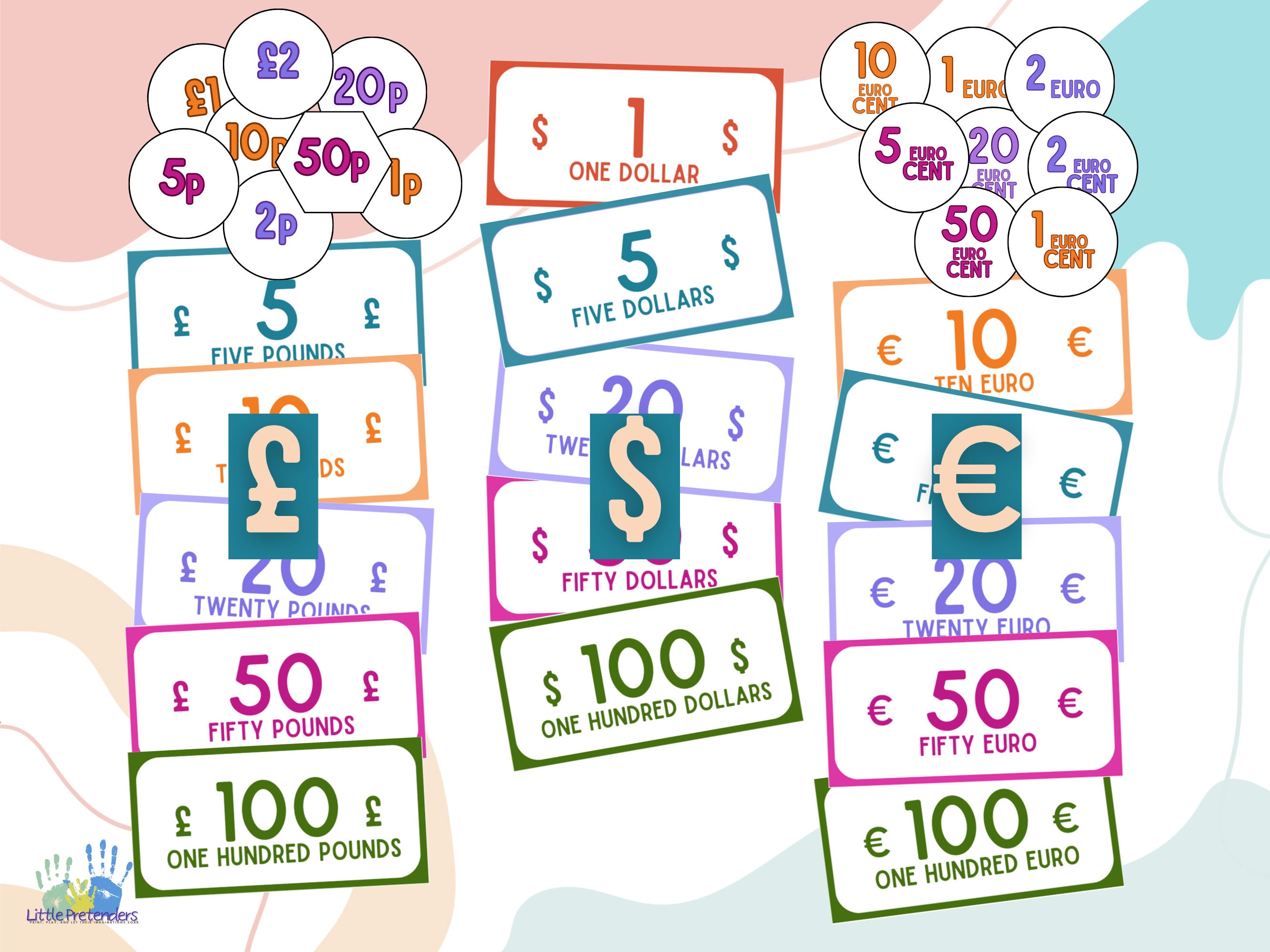 Printable Play Money Currency Dollars, Pounds, Euros Dramatic Pretend ...