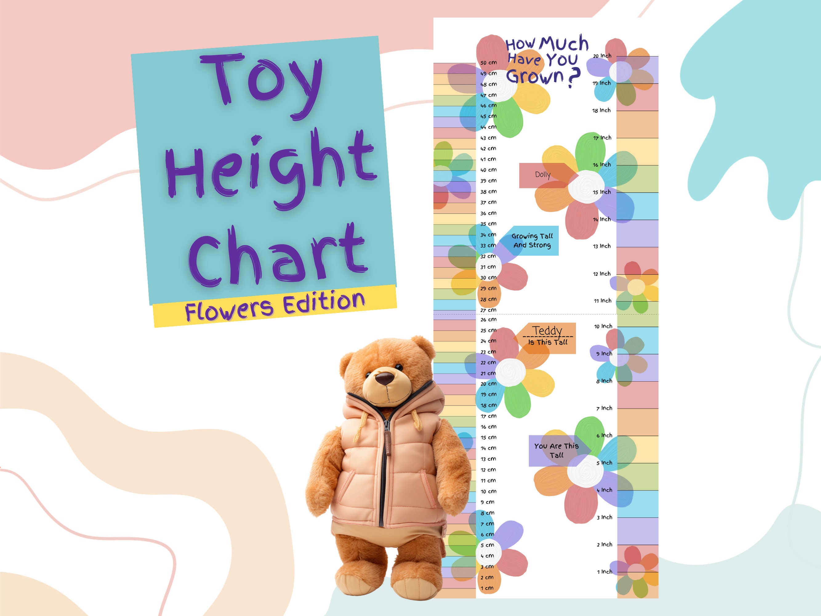 Toy Height Chart Rainbow Flowers Printable for Children's Pretend Play ...