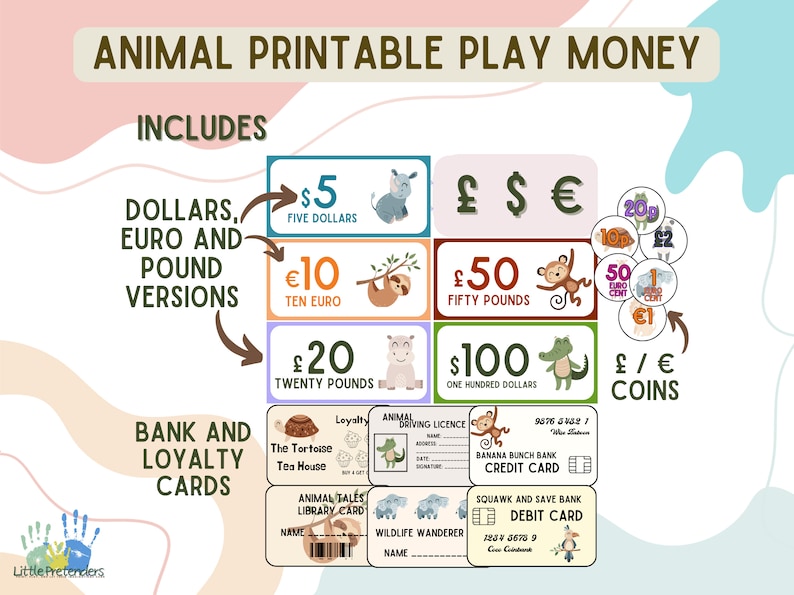 Printable Play Money Animal Currency - Dollars, Pounds, Euros ...