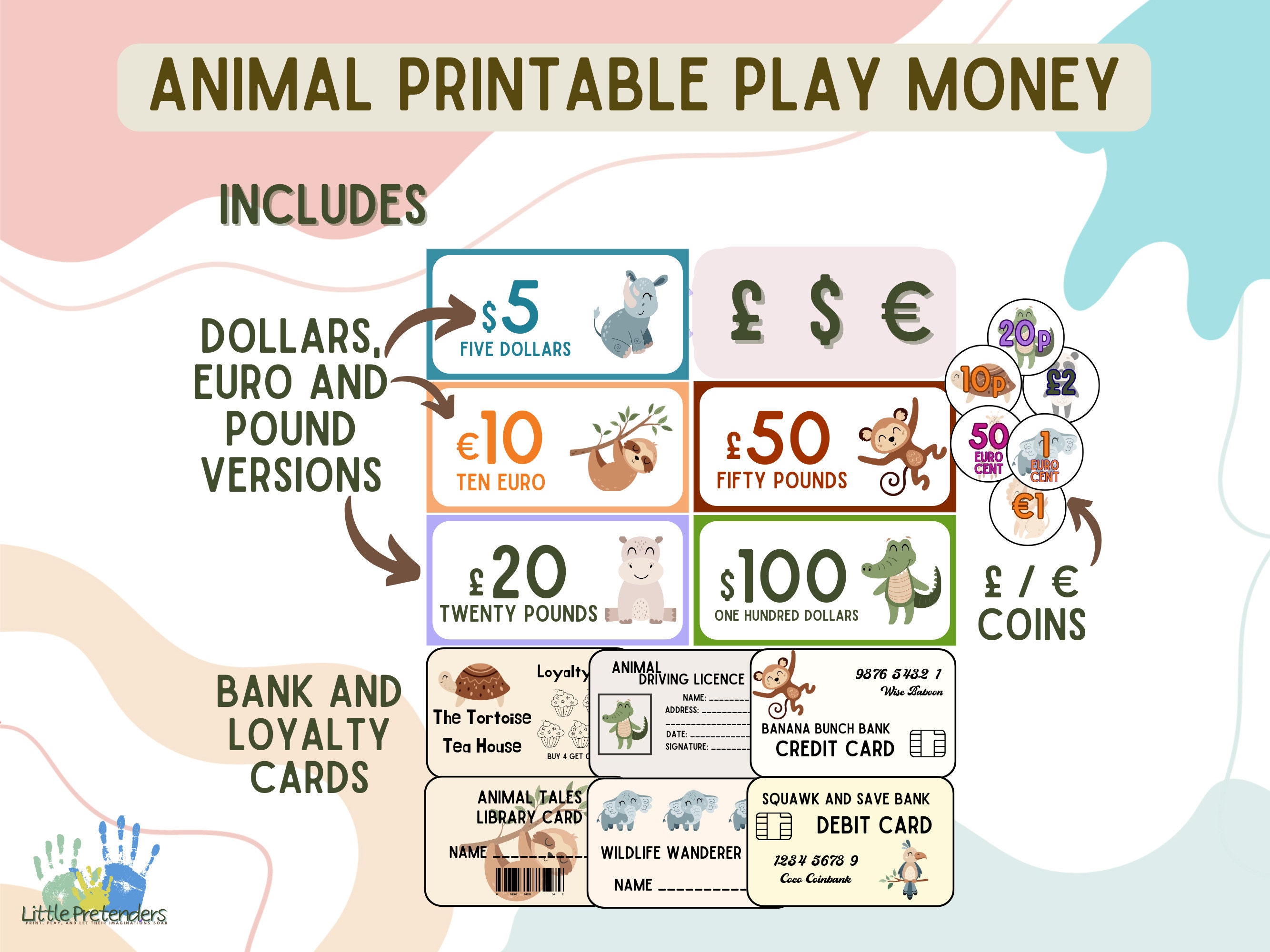 Printable Play Money Animal Currency - Dollars, Pounds, Euros ...