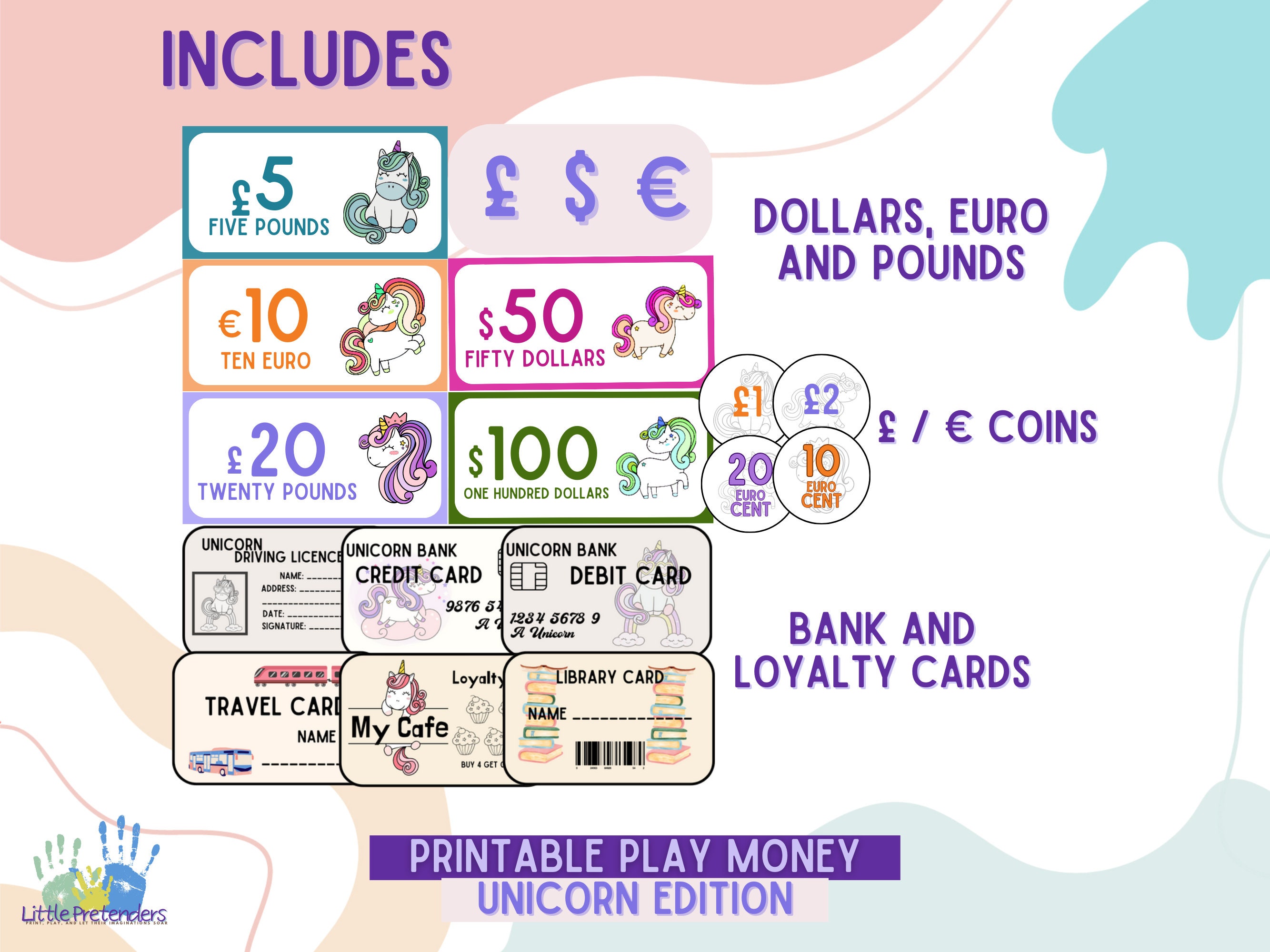 Printable Play Money Currency UNICORN Edition - Dollars, Pounds, Euros ...