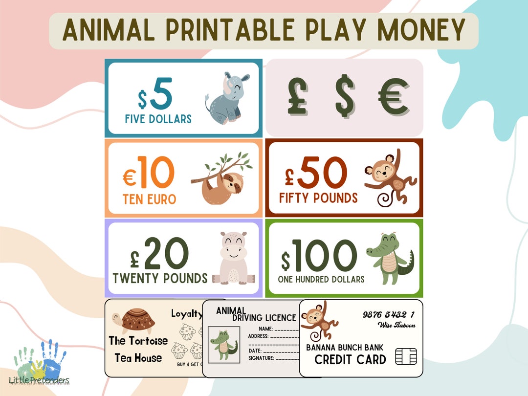 Printable Play Money Animal Currency - Dollars, Pounds, Euros ...