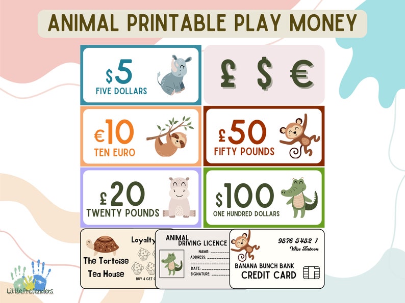 Printable Play Money Animal Currency - Dollars, Pounds, Euros ...