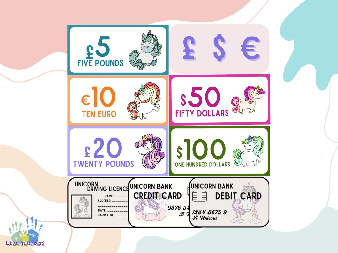 Printable Play Money Currency UNICORN Edition - Dollars, Pounds, Euros ...