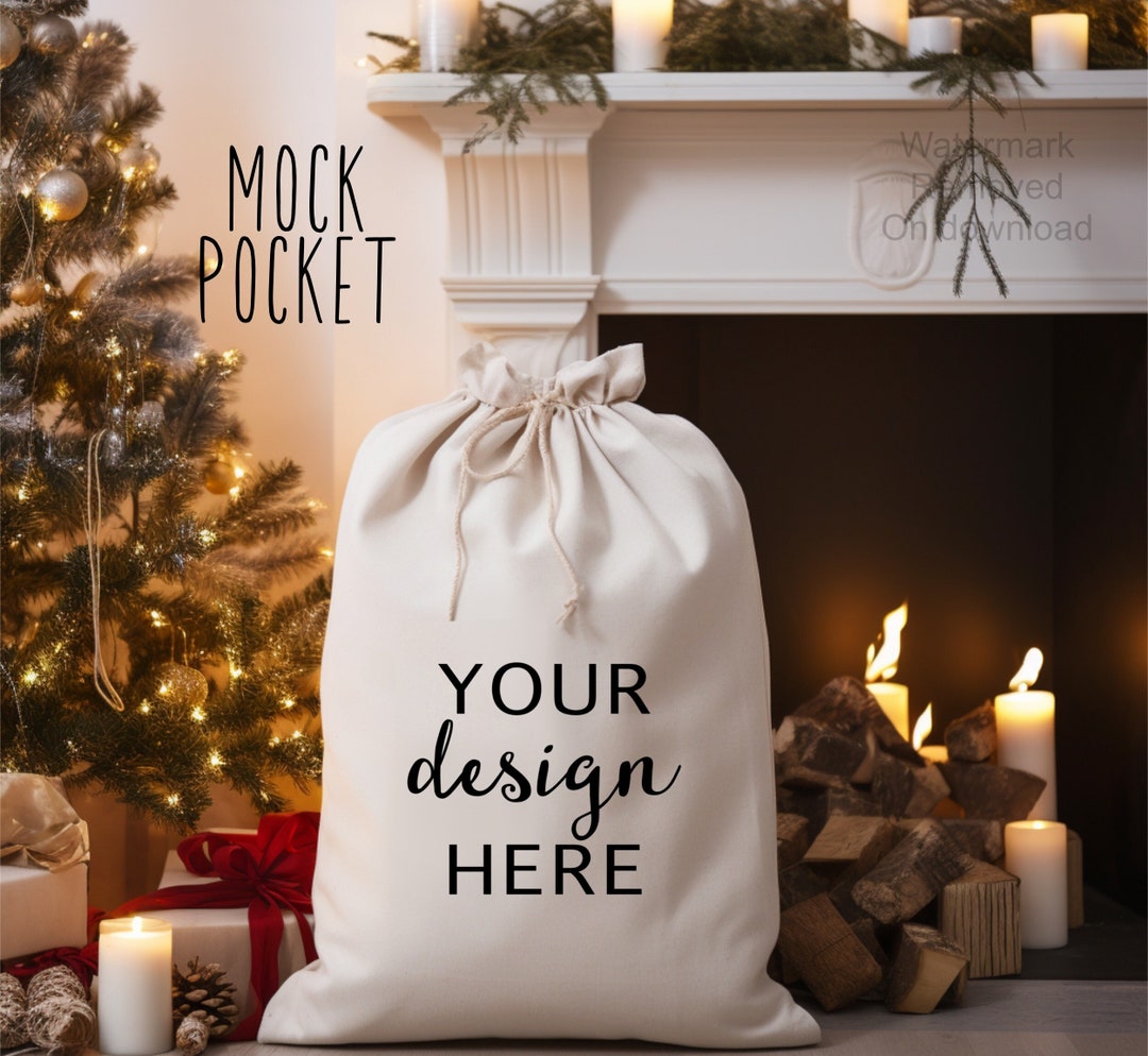 Santa Sack Mockup Natural Gift Bag Drawstring Mock up Festive Gift Mock ...