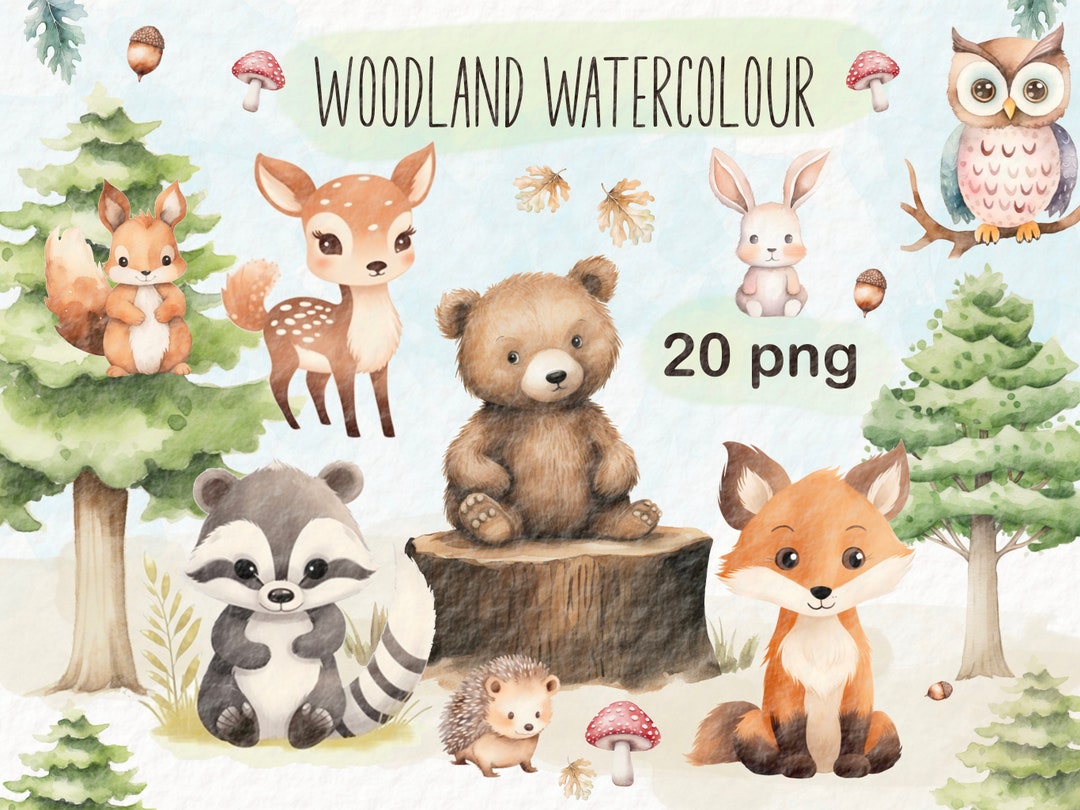 Woodland Animals Watercolor Clipart, Forest Animals Clip Art, Nursery ...