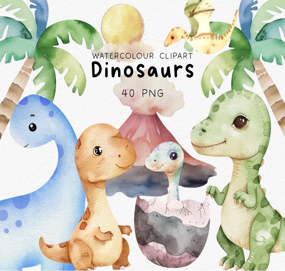 Watercolor Dinosaurs Clipart, Dino Clip Art, Nursery Decor, Baby Boy ...