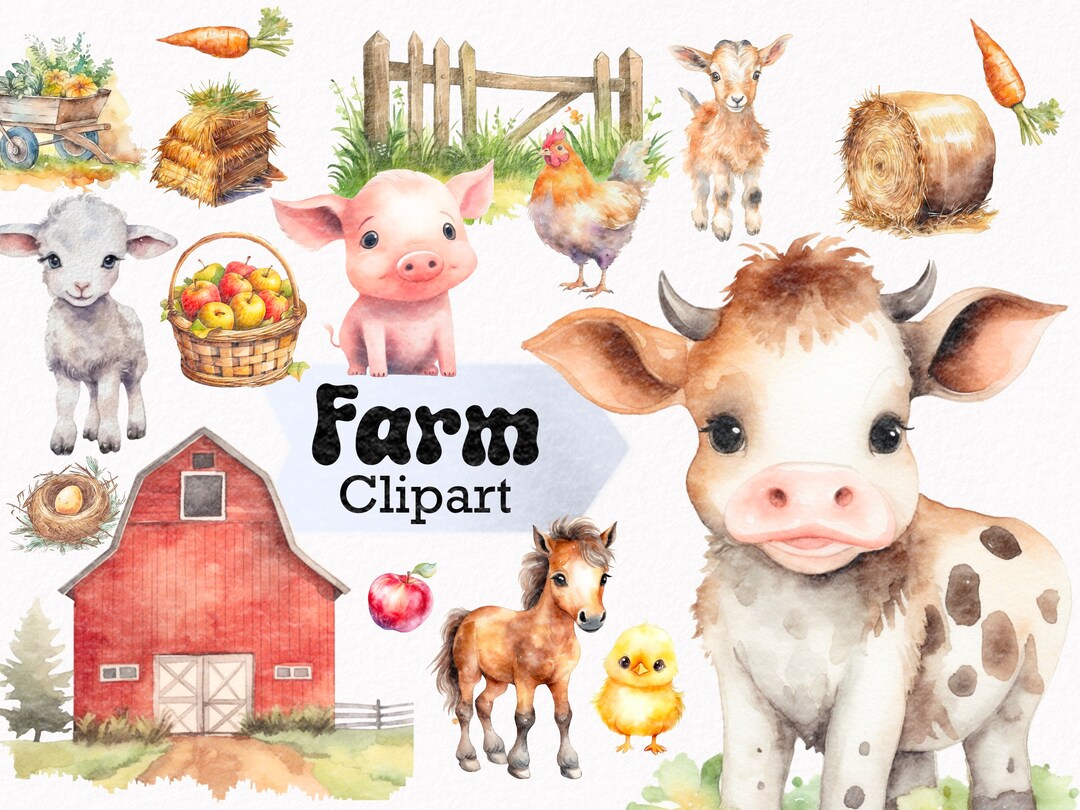 Farm Animals Watercolor Clipart, Cute Farm Clip Art, Nursery Decor ...