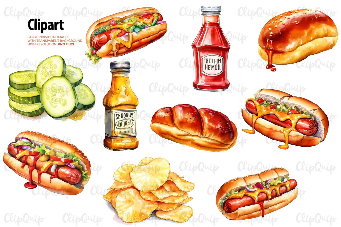 Hot Dog BBQ Watercolor Clipart & Quotes, Individual PNG SVG Images ...