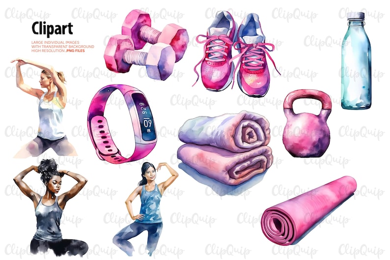 Fitness Watercolor Clipart & Quotes, Individual PNG SVG Images, Instant ...