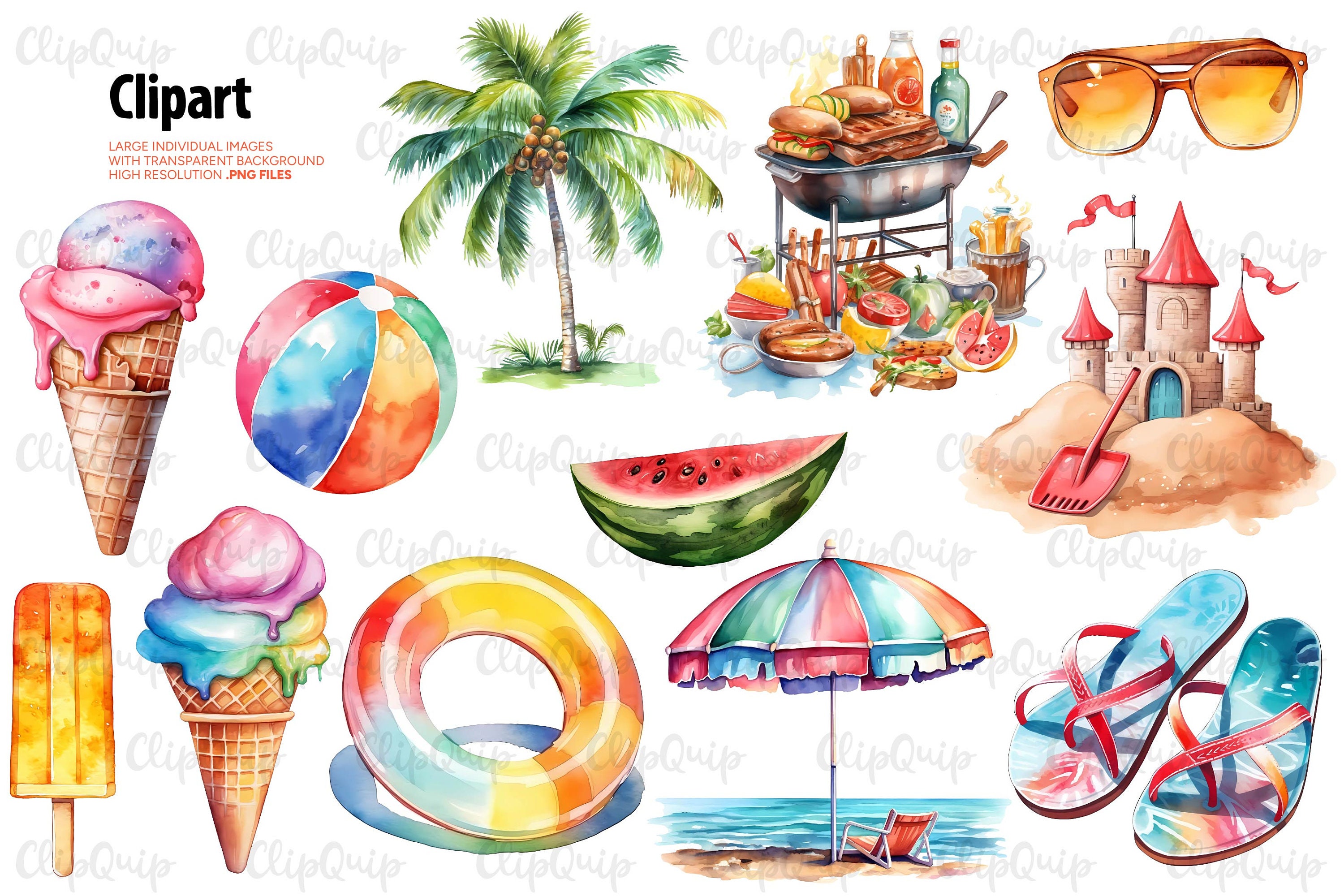 Summer Holidays Watercolor Clipart & Quotes, Individual PNG SVG Images ...