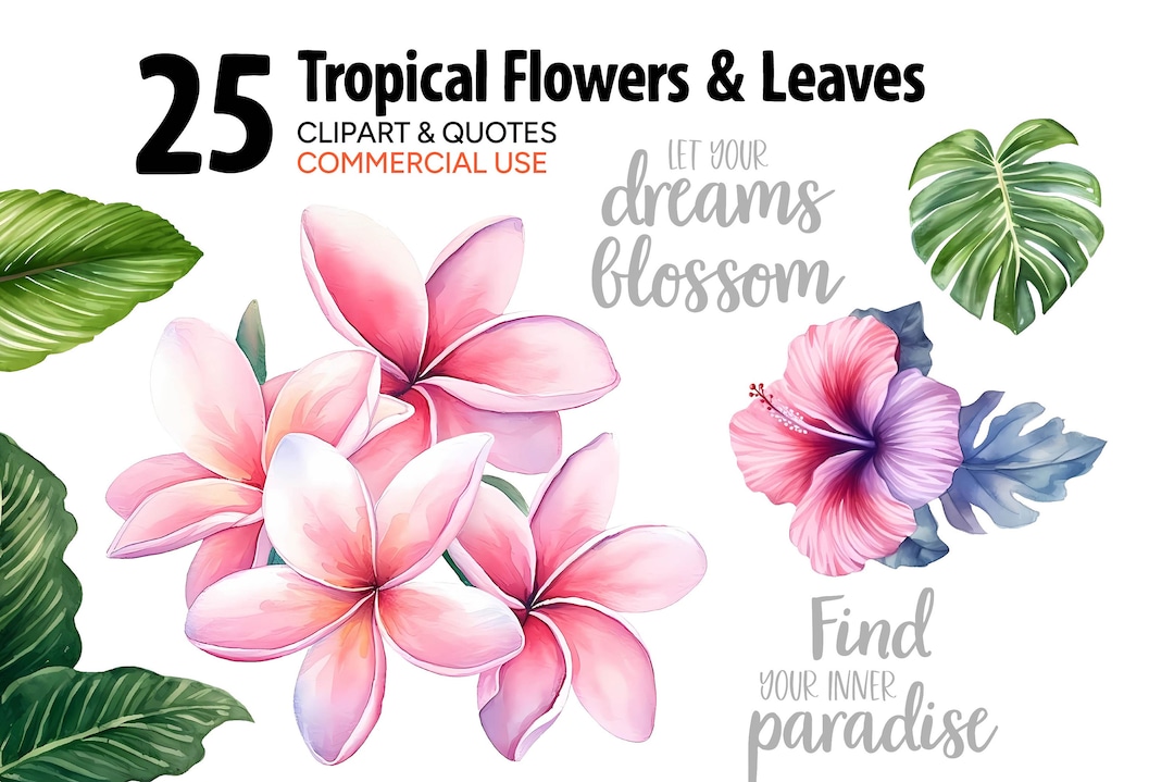 Tropical Flowers Watercolor Clipart & Quotes, Individual PNG SVG Images ...