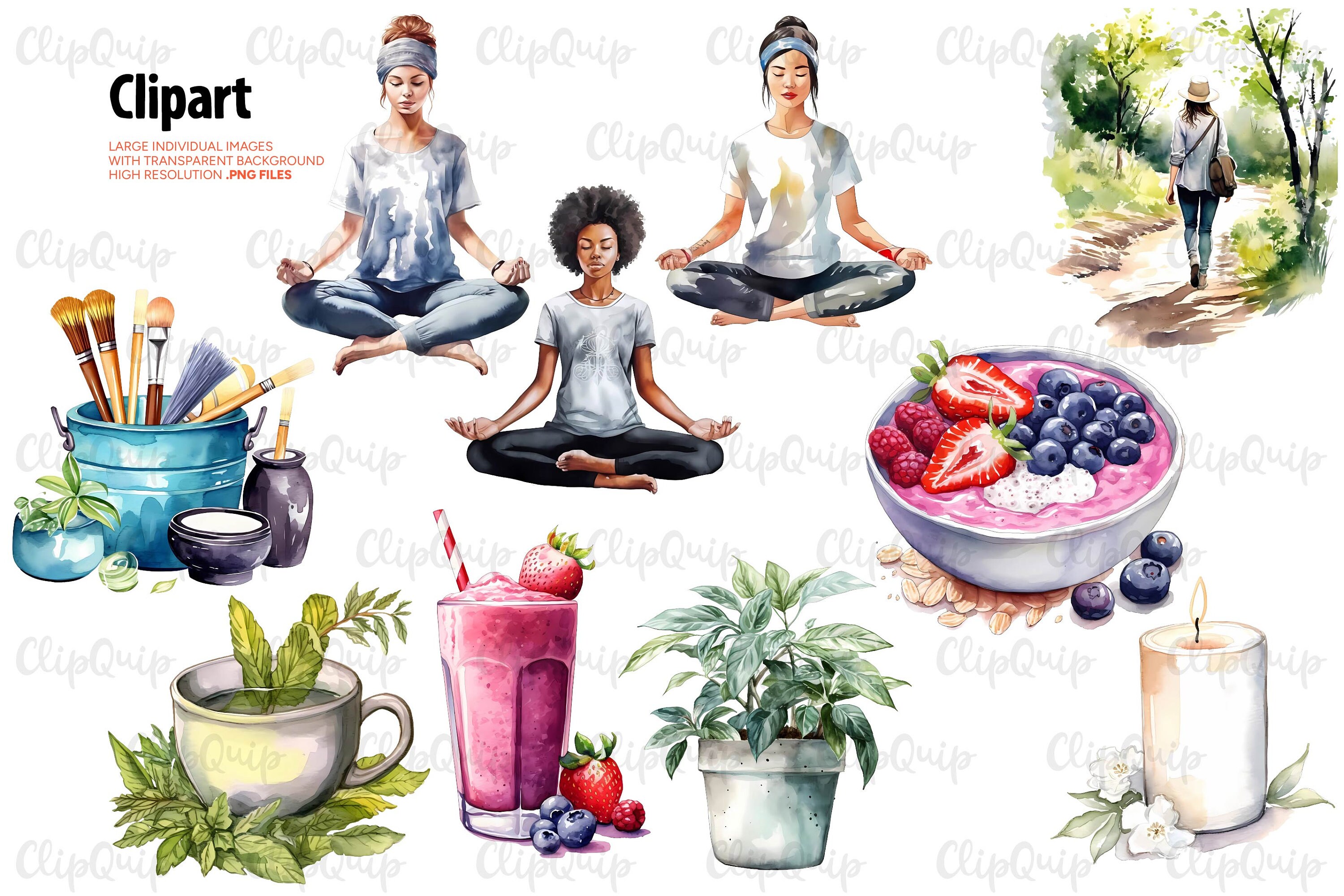 Wellness Watercolor Clipart & Quotes, Individual PNG SVG Images ...