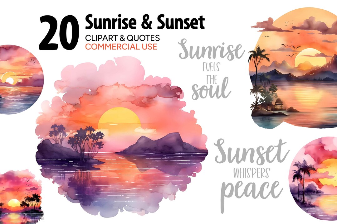 Pink Sunrise Sunset Watercolor Clipart & Quotes, Individual PNG SVG ...
