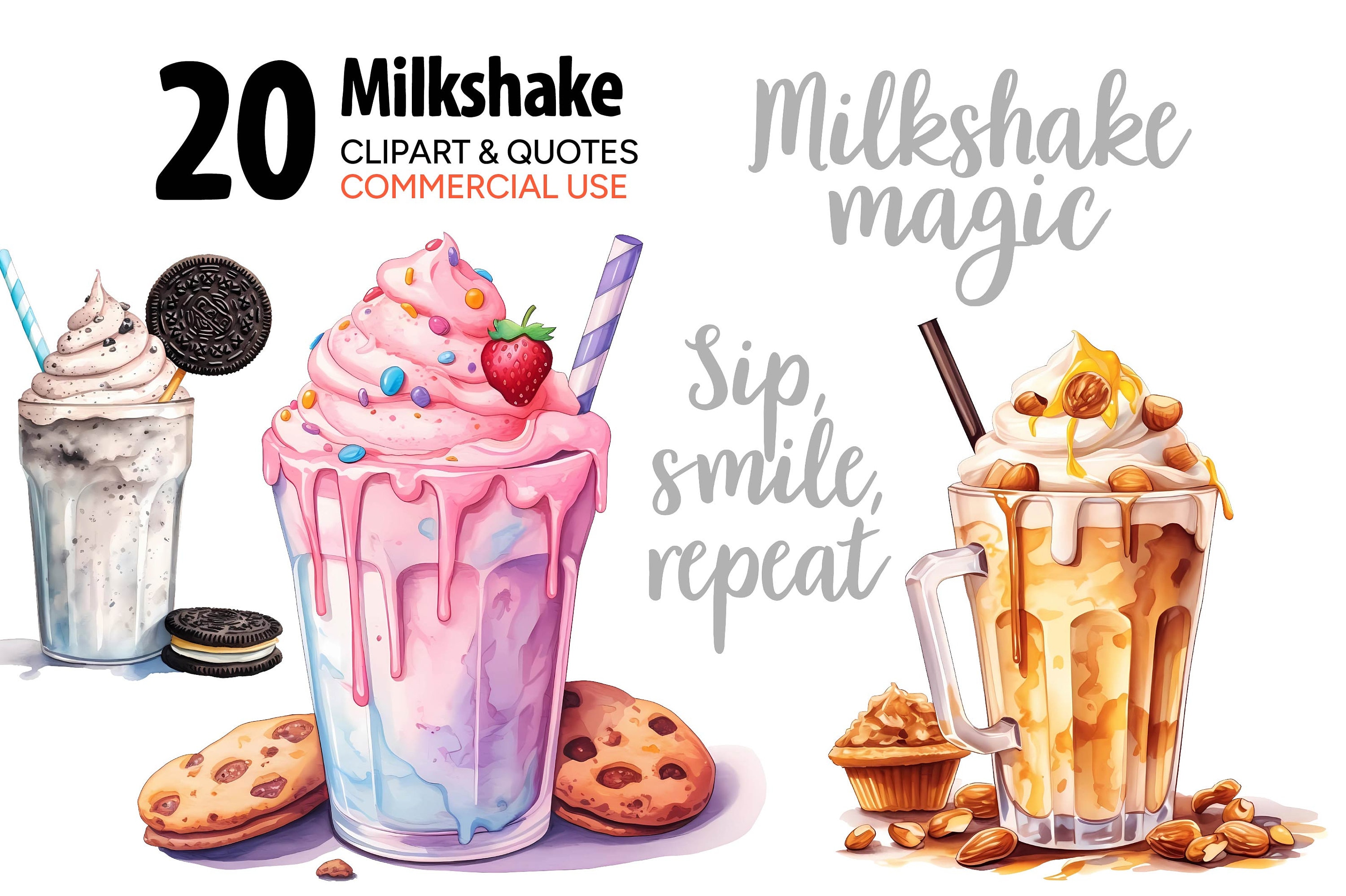 Milkshakes Watercolor Clipart & Quotes, Individual PNG SVG Images ...
