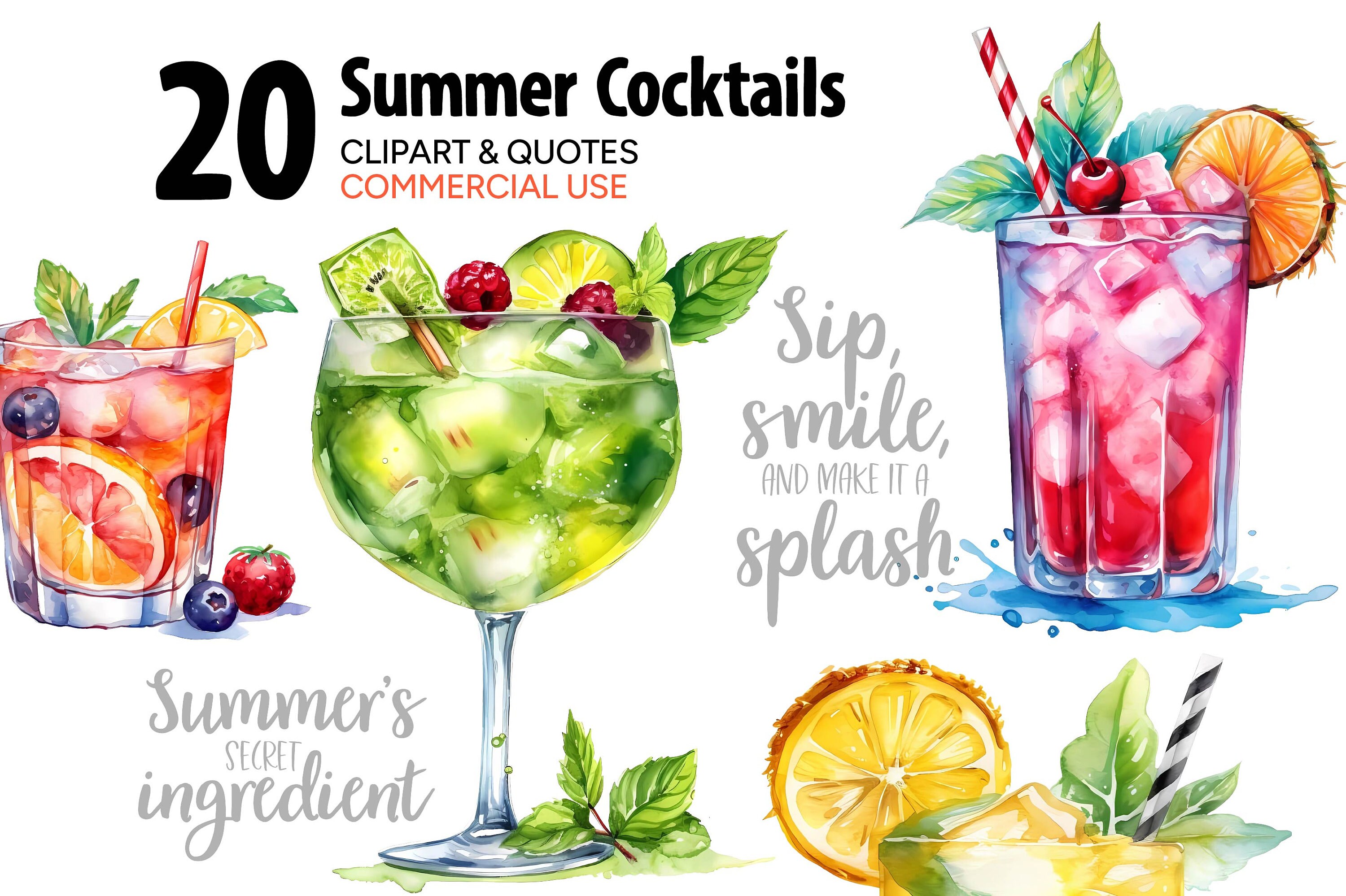 Summer Cocktails Watercolor Clipart & Quotes, Individual PNG SVG Images ...