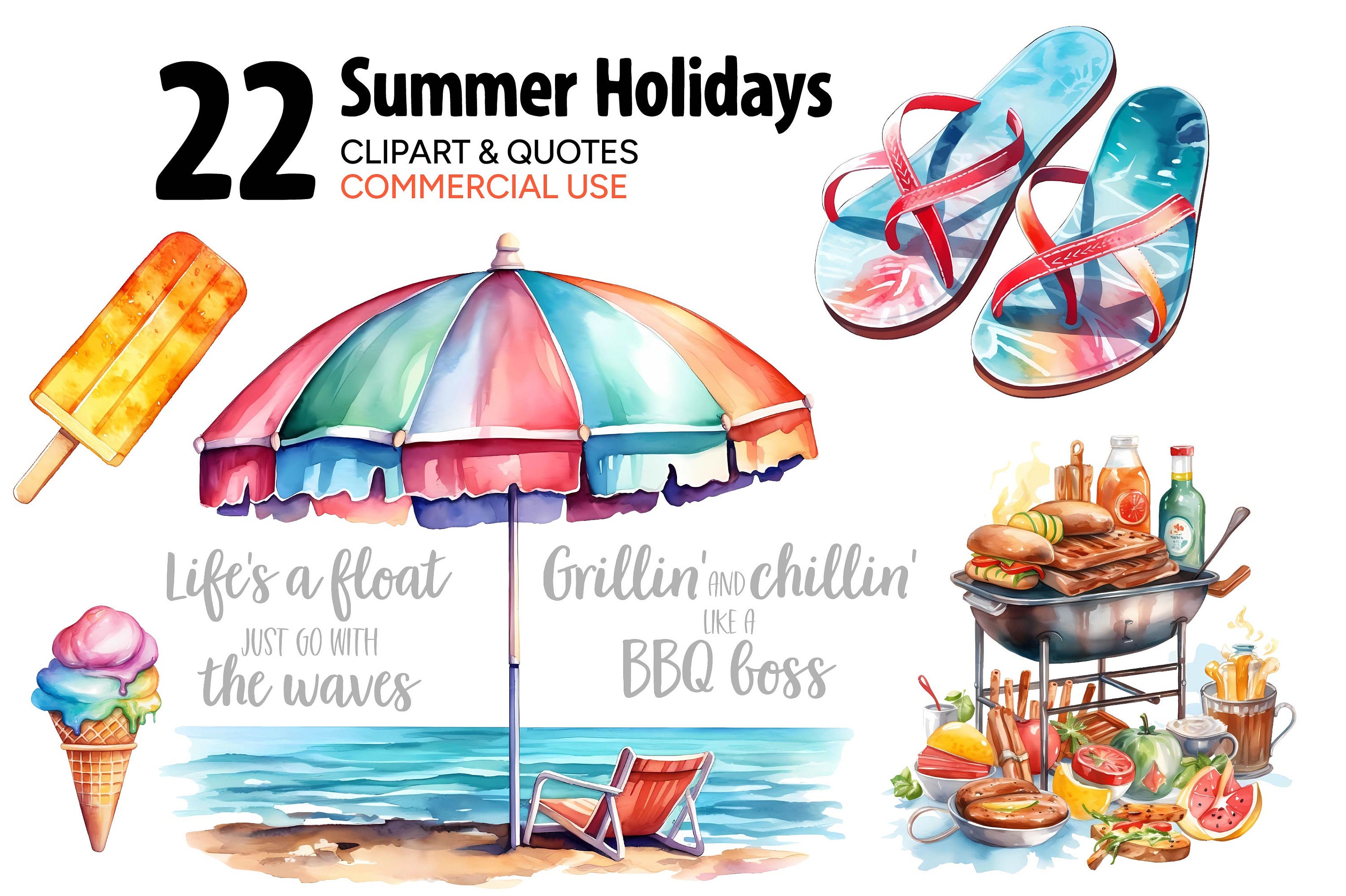 Summer Holidays Watercolor Clipart & Quotes, Individual PNG SVG Images ...