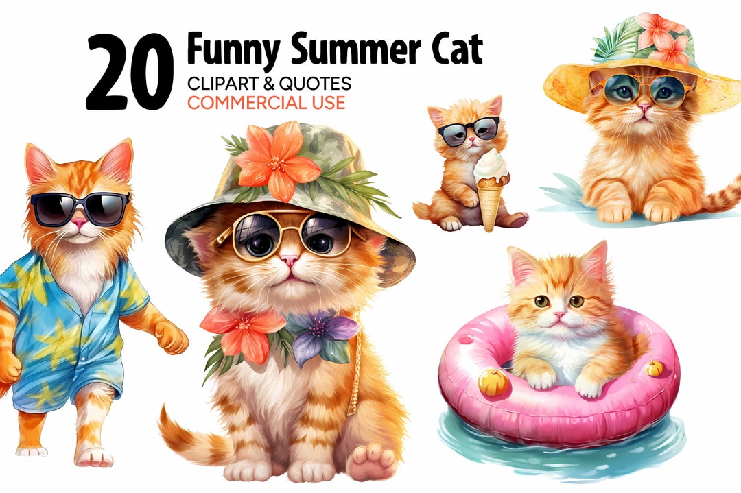 Funny Summer Cat Watercolor Clipart & Quotes, Individual PNG SVG Images ...