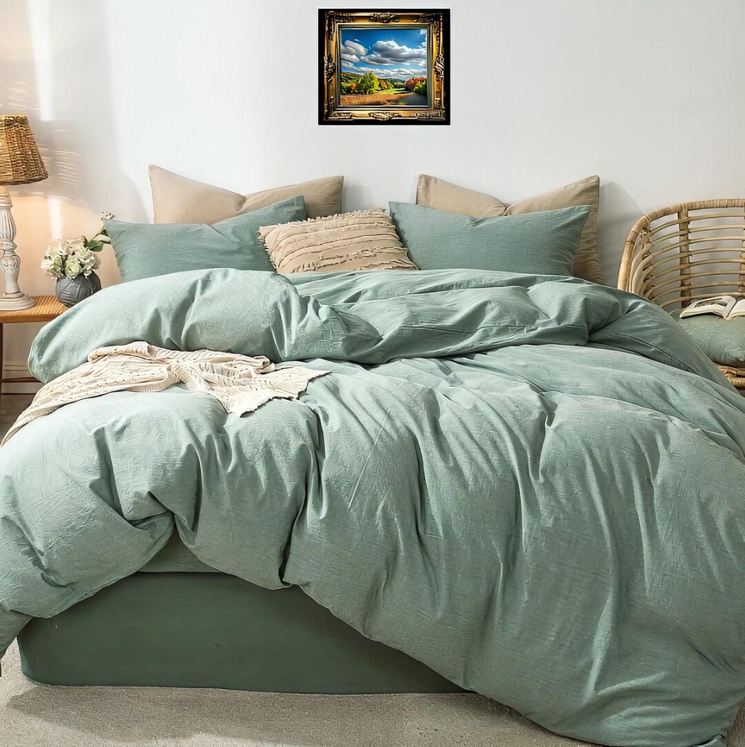 Denim Green Color Linen Duvet Soft Linen Duvet Full Softened Quilt ...