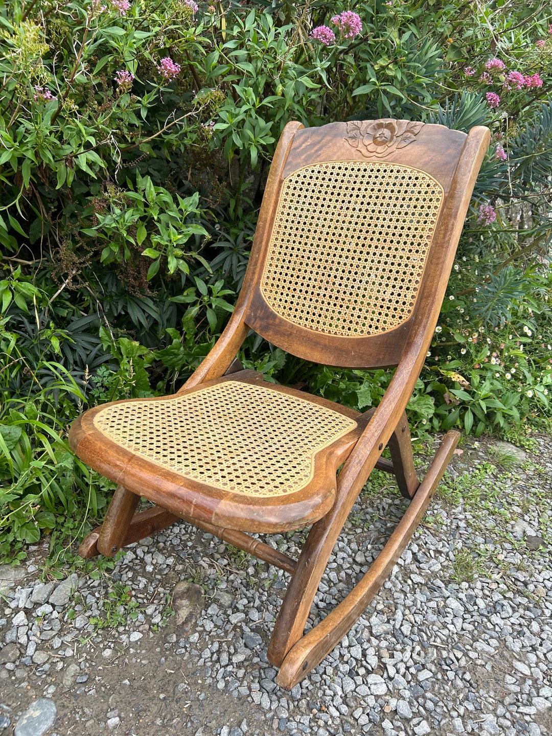 Foldable Carved Wooden Rocking Chair With Rattan Seat and Back - Etsy