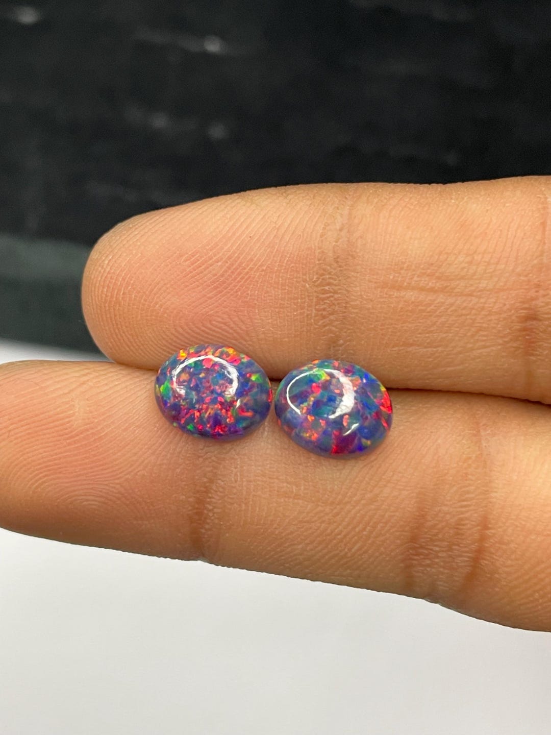 Pair Oval Lavender Lab-grown Ethiopian Opal Cabochon: Multi-fire ...