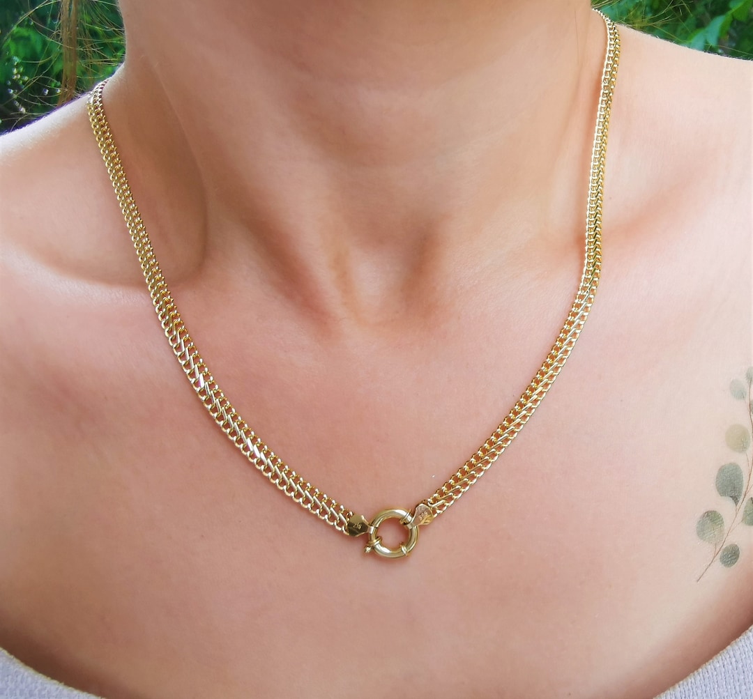 Double Curb Chain Necklace, 14K Real Gold 5mm Vienna Chain Choker With ...