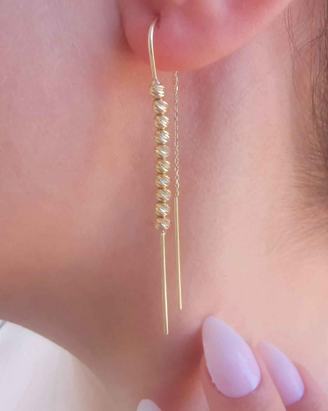 14K Solid Gold Long Threader Earrings, Gold Ball Threader Earrings ...